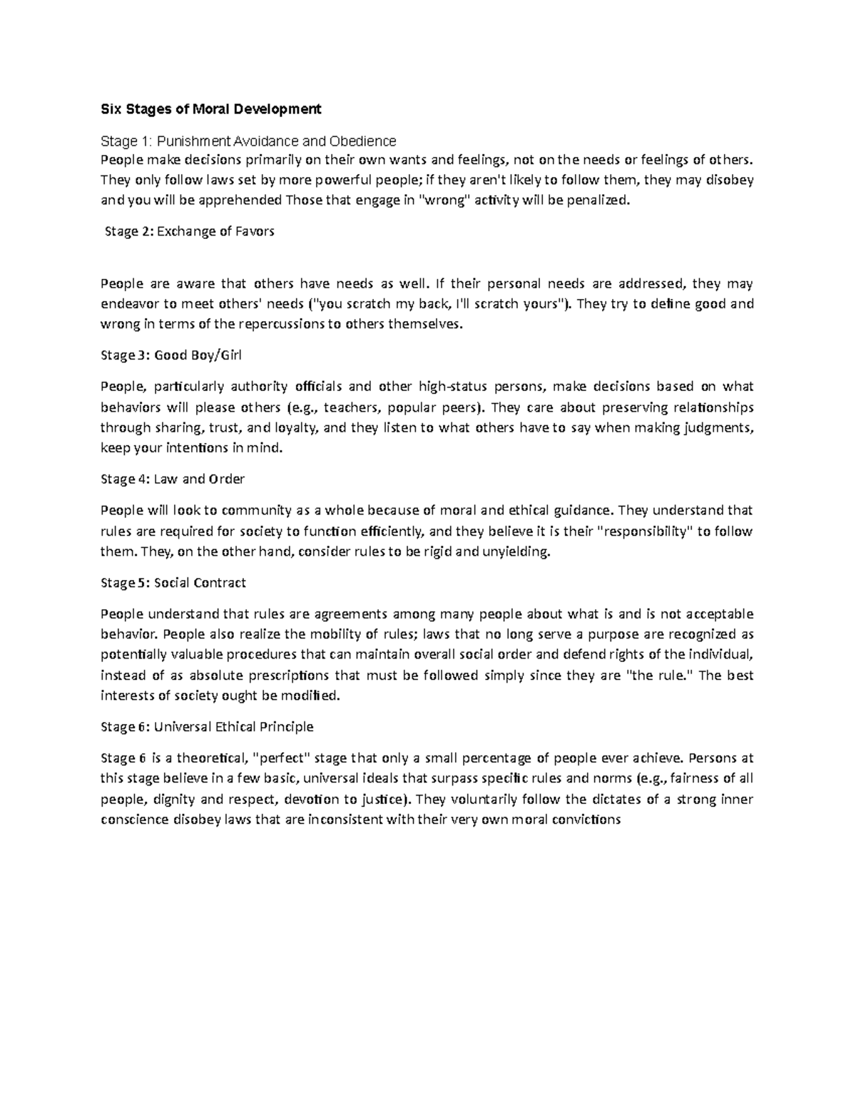 Ethics Lecture 3 - Six Stages of Development - Six Stages of Moral ...