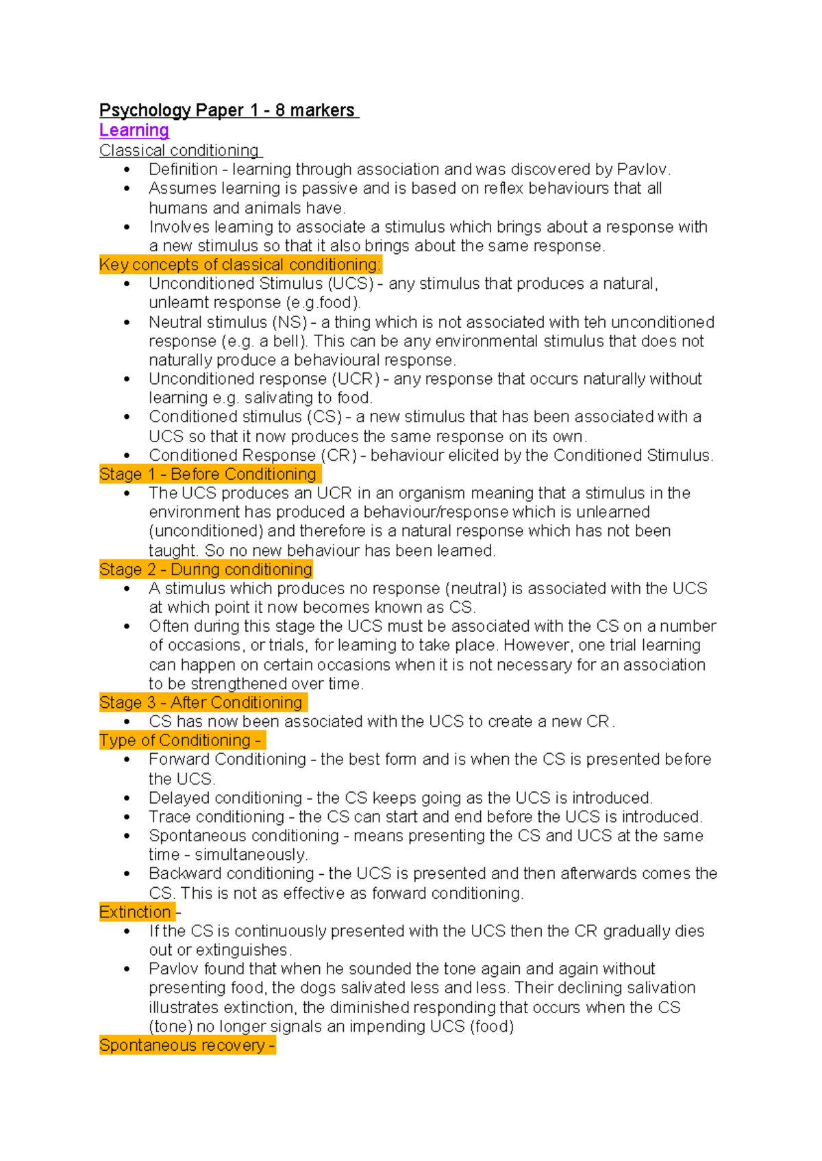 Psychology Paper 1 - 8 Markers - Psychology Paper 1 - 8 markers Learning Classical conditioning ...