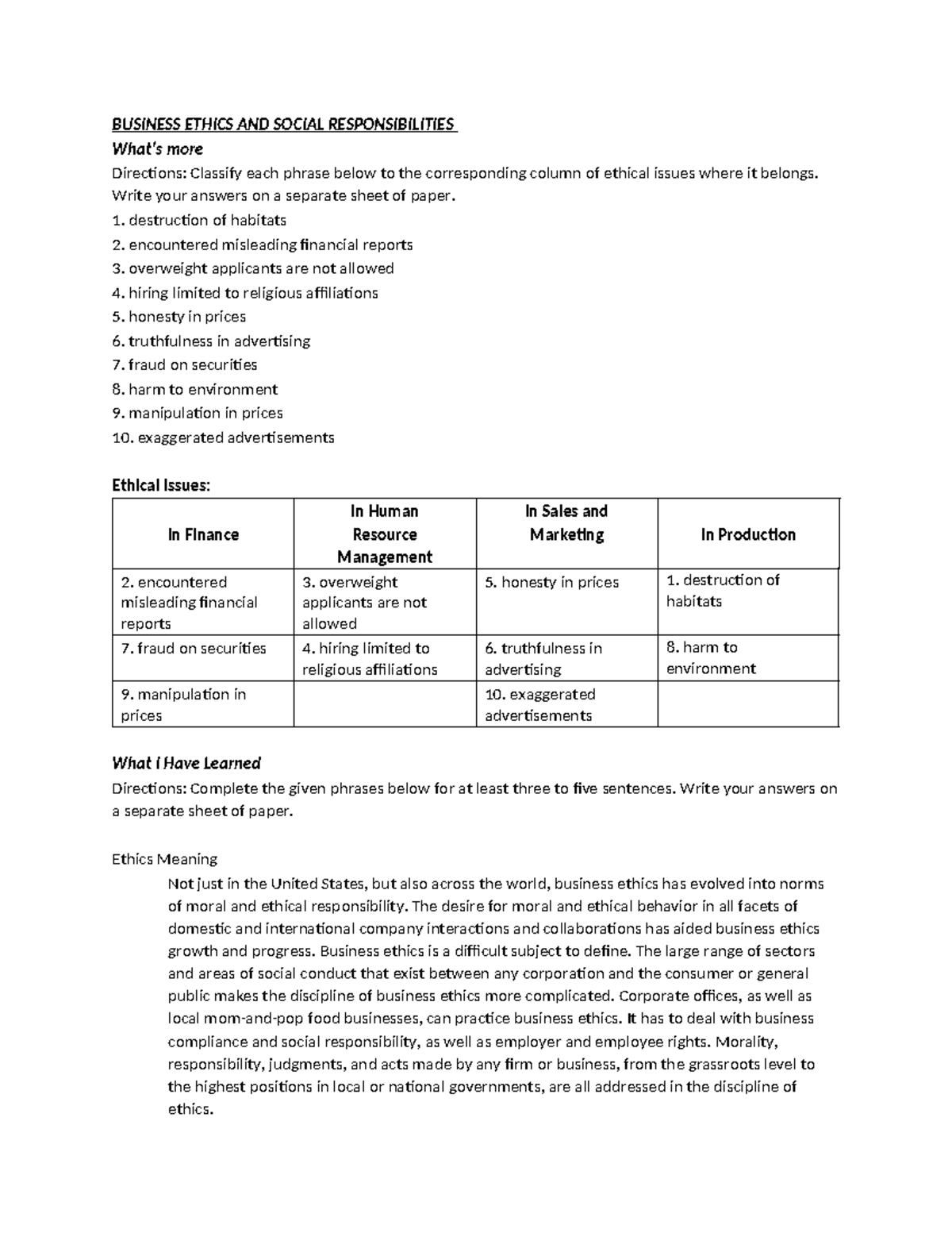 Q3-Week 3 Answer - ...... - BUSINESS ETHICS AND SOCIAL RESPONSIBILITIES ...