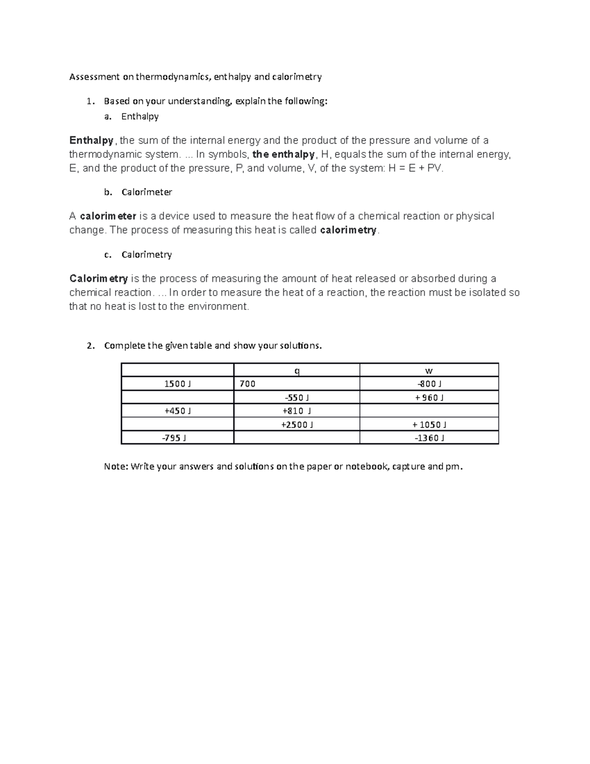 Assessment-on-Thermodynamics - Assessment on thermodynamics, enthalpy ...