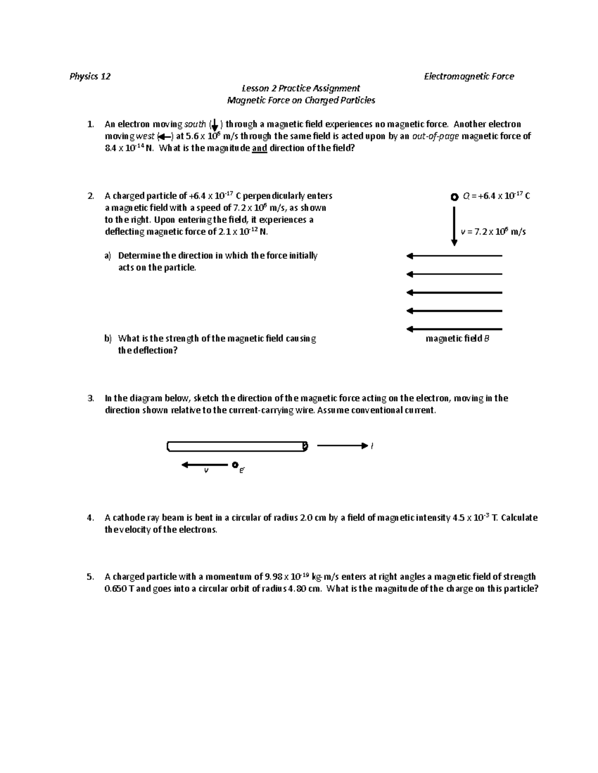 Assignment - 26 - Physics - 12 - Physics 12 Electromagnetic Force ...