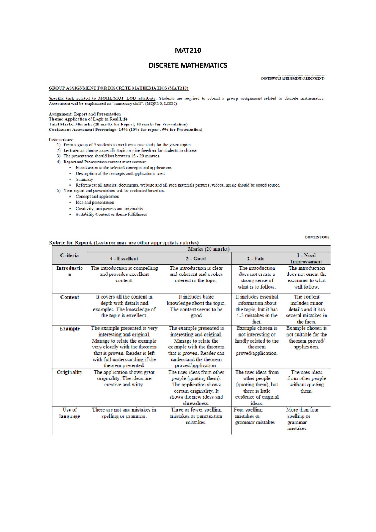 Rubric ( Students) MAT210 - MAT210 DISCRETE MATHEMATICS CONTINUOUS ASSESSMENT (ASSIGNMENT) GROUP ...