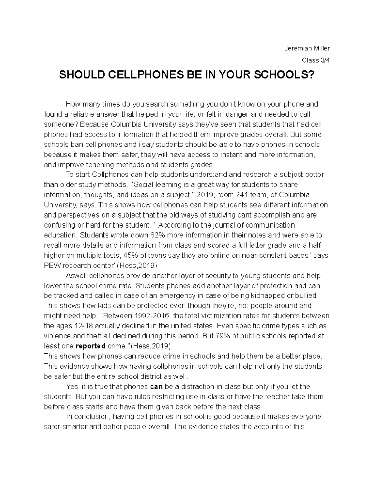 Argumentative paper - egrgergergergerg - Jeremiah Miller Class 3 ...