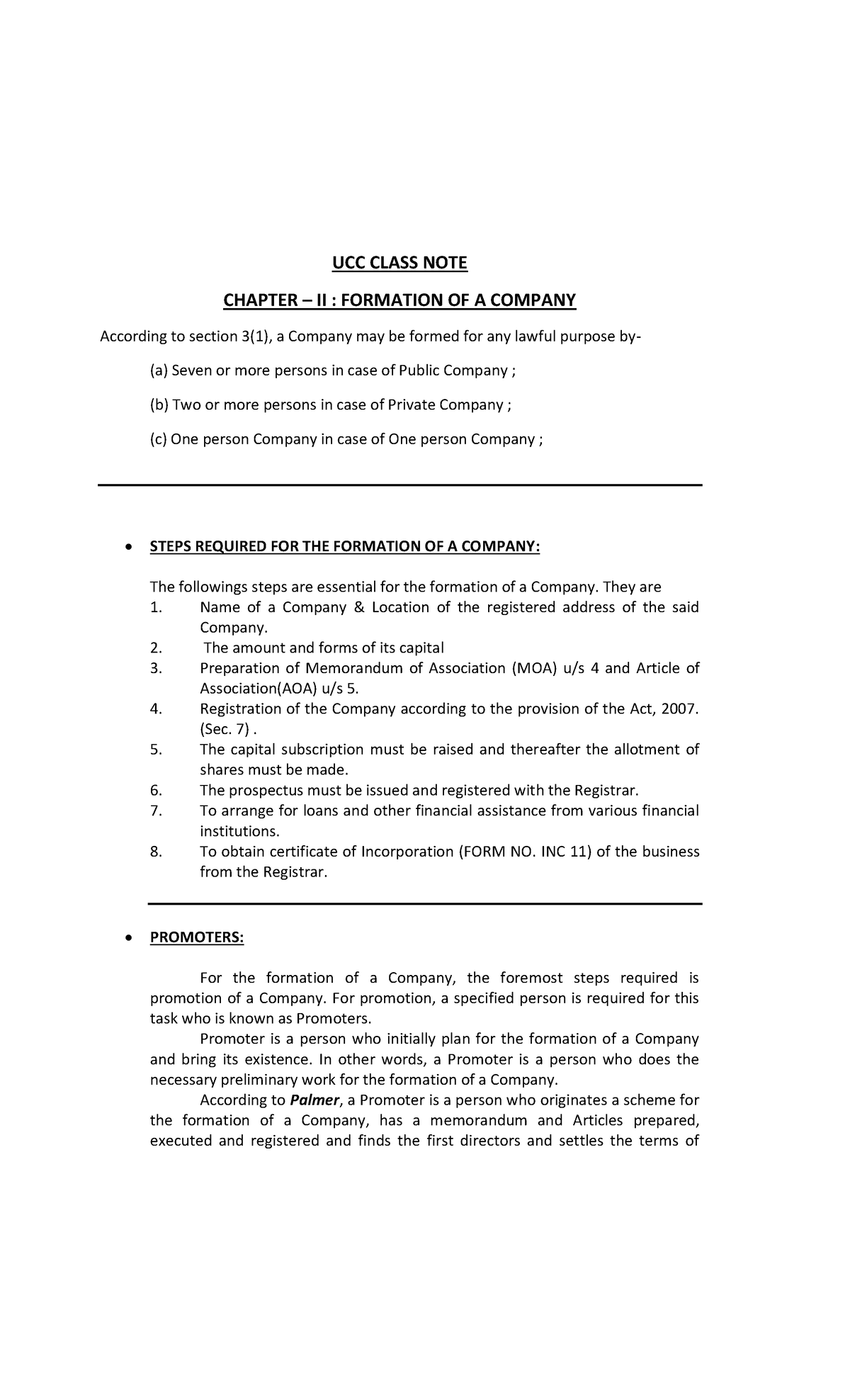 Formation of Company - indian contract of law - UCC CLASS NOTE CHAPTER ...