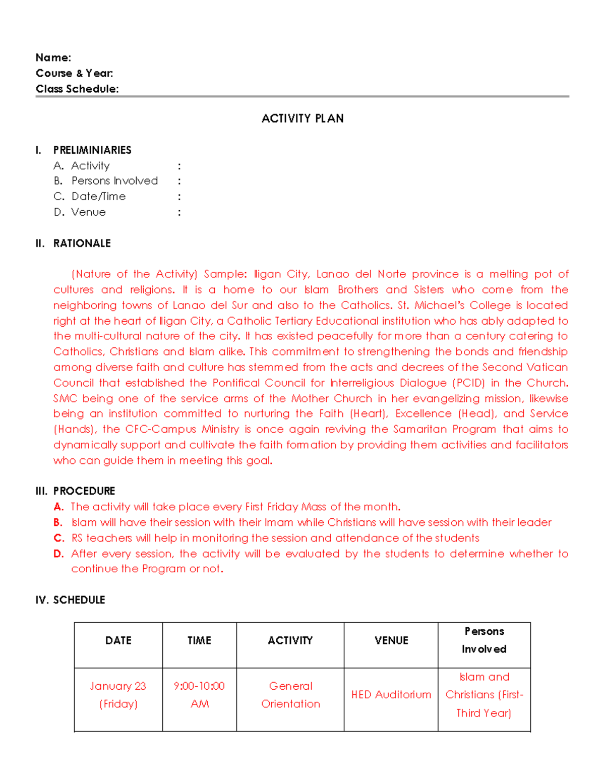 Sample Activity PLAN - dawdawda - Name: Course & Year: Class Schedule ...
