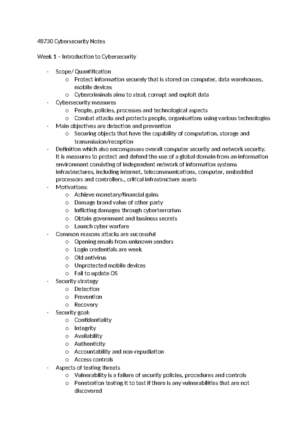 Cybersecurity Notes - Wk1-3 - 48730 Cybersecurity Notes Week 1 ...
