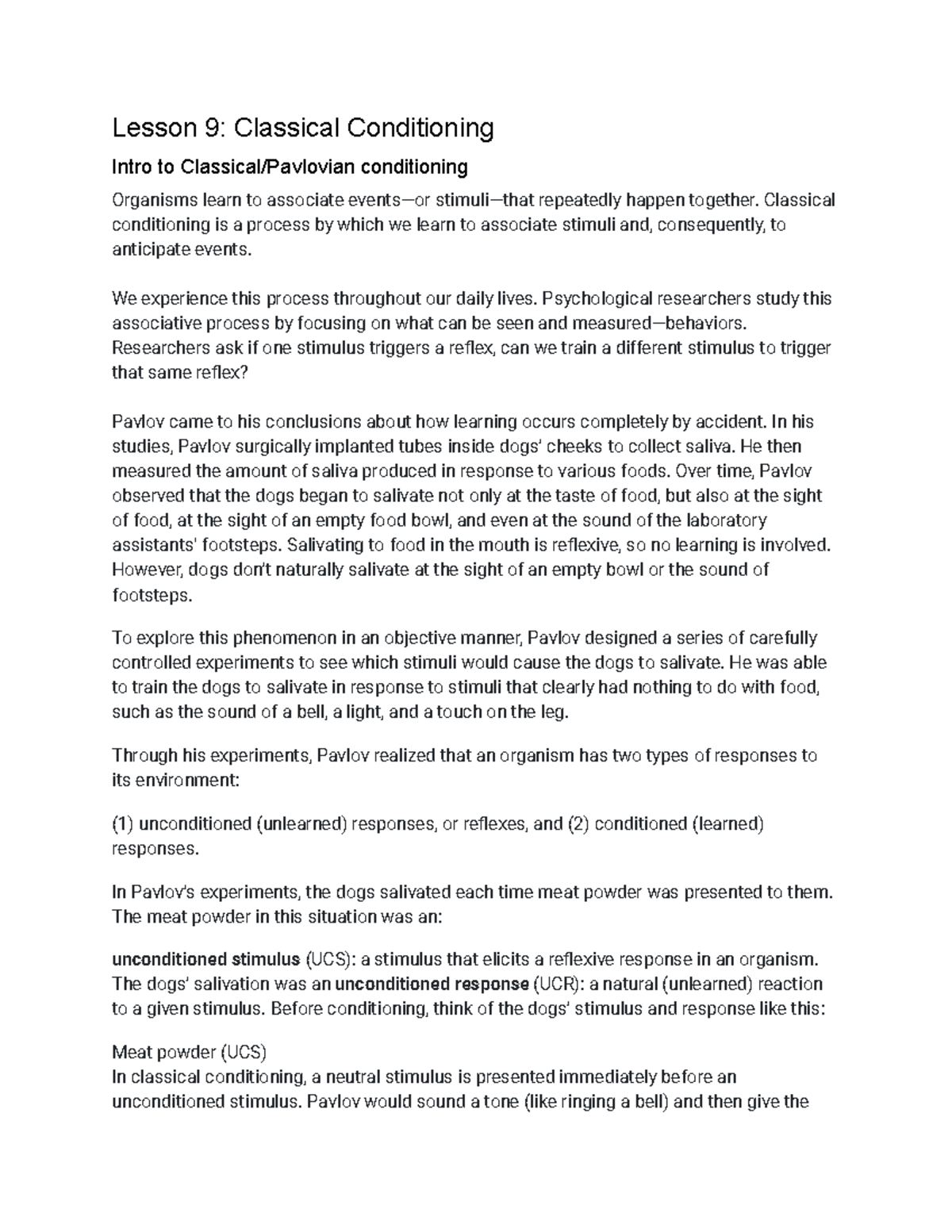 General Psychology Notes - Lesson 9: Classical Conditioning Intro to ...