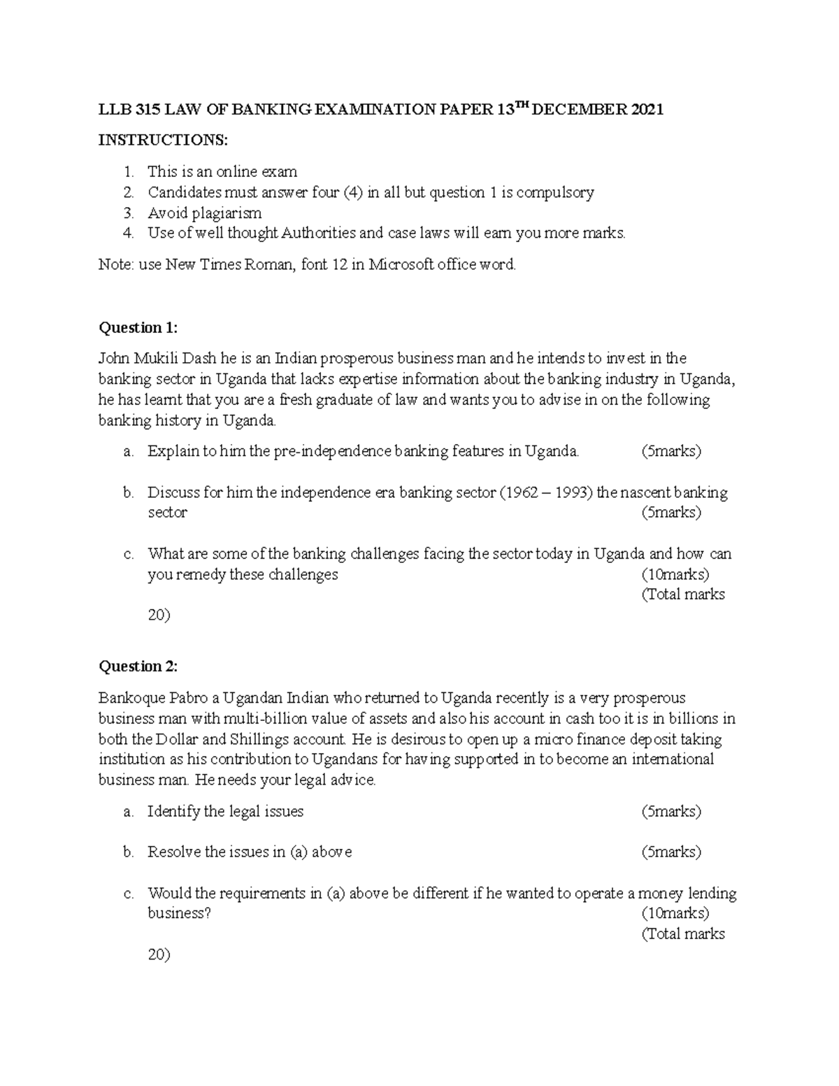 LLB315 Lawofbankingexaminationpaper 13 Thdecember 2021 - LLB 315 LAW OF ...