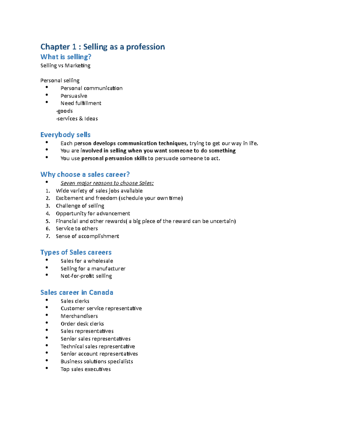 Effective selling 1 - Lecture notes 1,2,3,4 - Chapter 1 : Selling as a ...