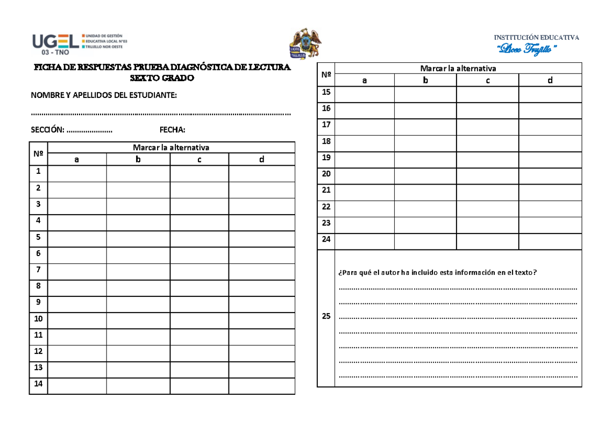 6º Ficha DE Respuestas Lectura - INSTITUCIÓN EDUCATIVA “Liceo Trujillo ...
