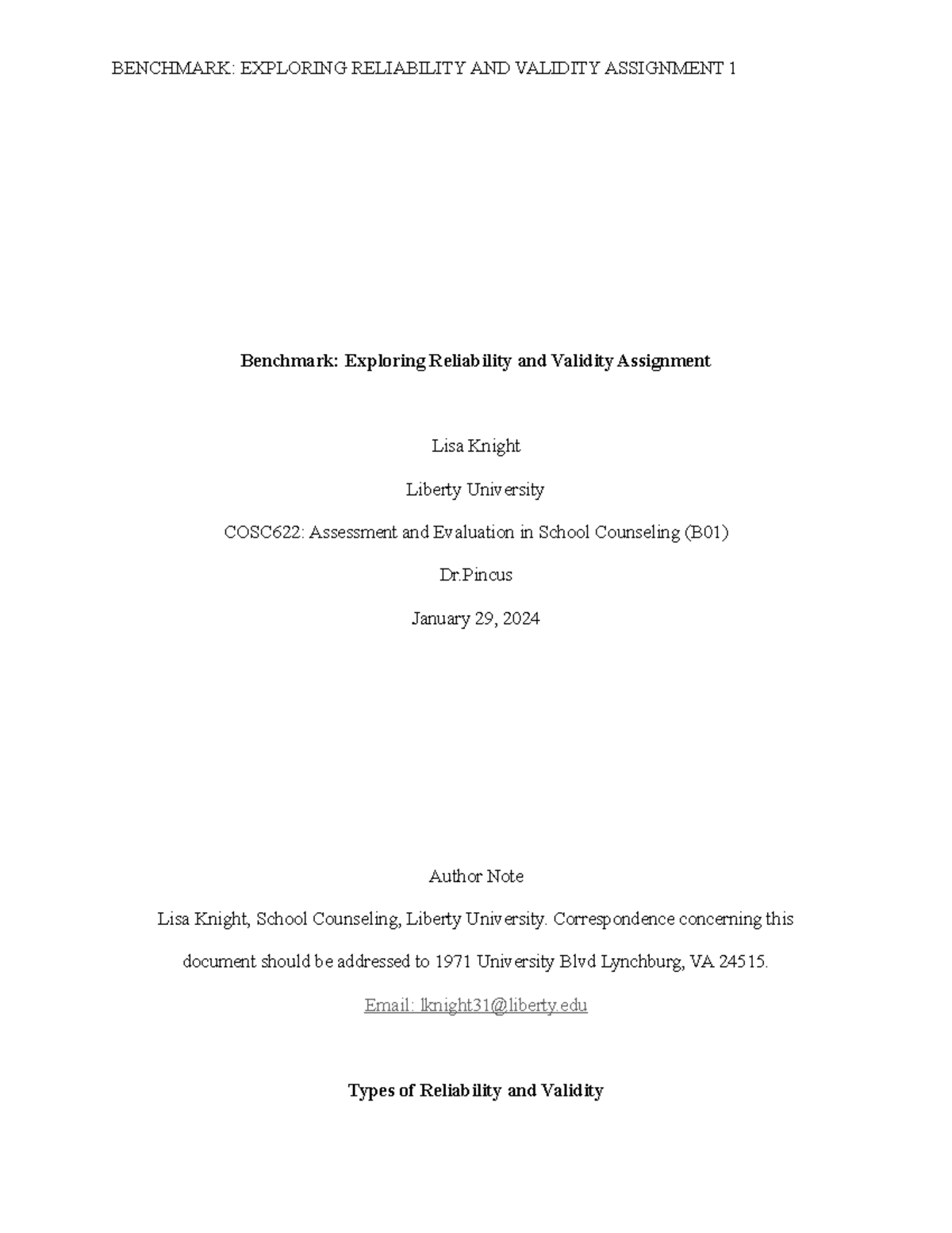 184480 Knight - none - BENCHMARK: EXPLORING RELIABILITY AND VALIDITY ASSIGNMENT 1 Benchmark ...