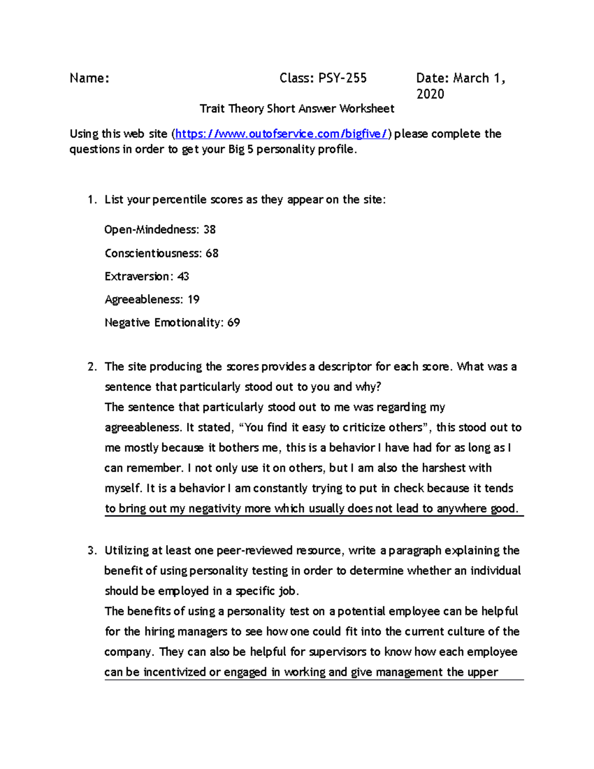 Trait Theory Short Answer Worksheet - Name: Class: PSY-255 Date: March ...