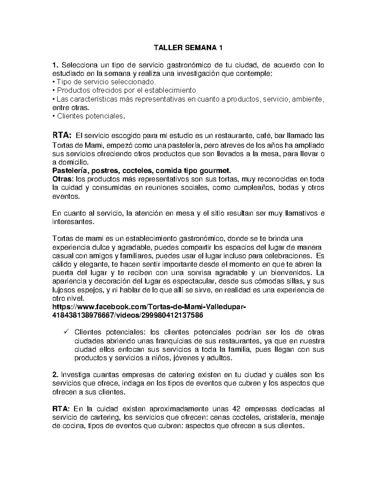 Taller Semana 1 - Servicios Gastronomicos - TALLER SEMANA 1 Selecciona un tipo de servicio - Studocu
