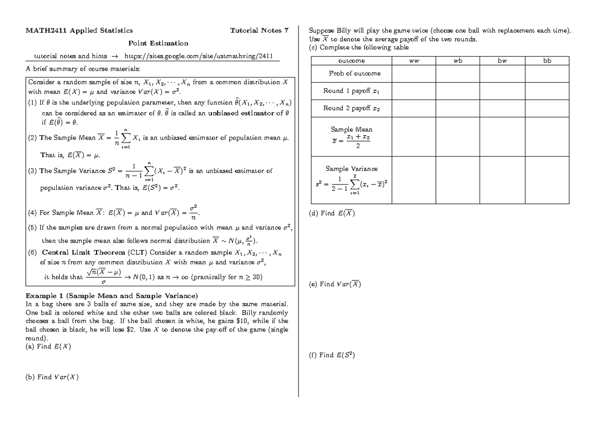 2411 T07 point - Xing LI - MATH2411 Applied Statistics Tutorial Notes 7 ...
