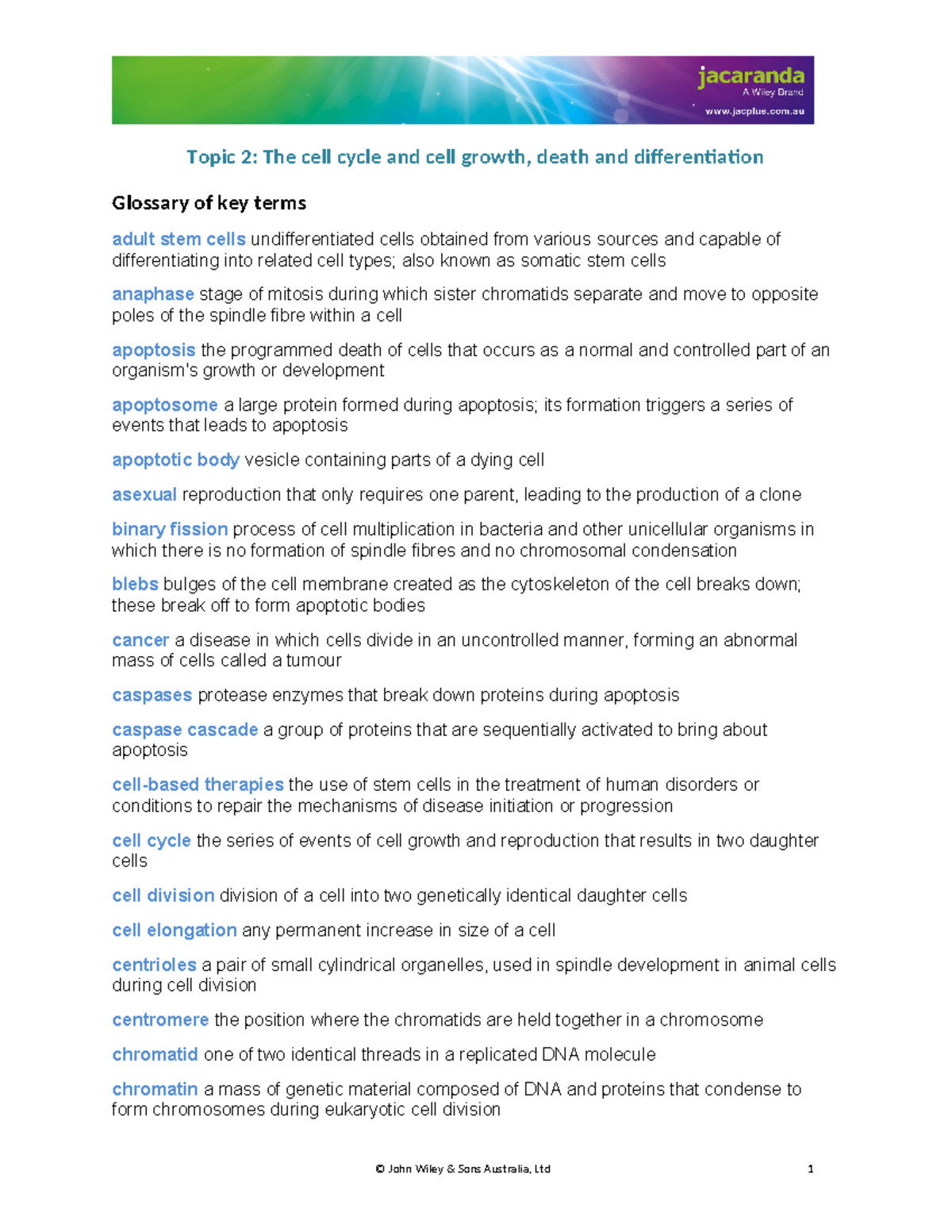 Biology chapter 2 glossary - Glossary of key terms adult stem cells ...
