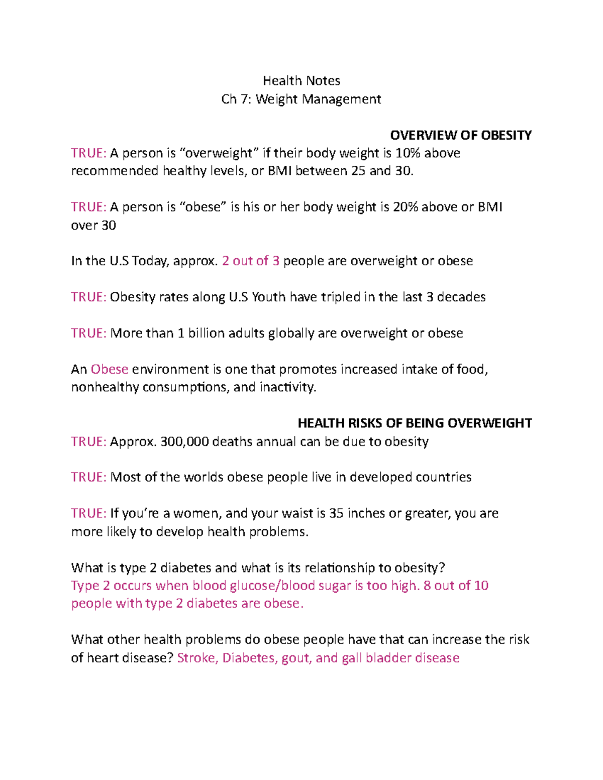 Health Ch 7: Weight Management - Health Notes Ch 7: Weight Management ...