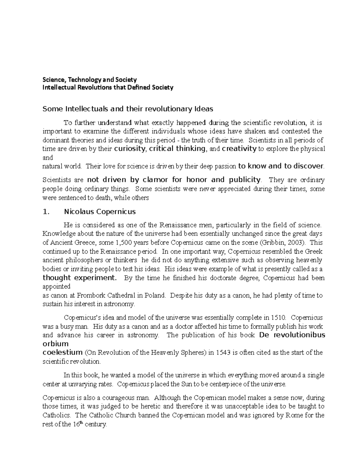 Handout Intellectual Revolutions that Defined Society - Science ...