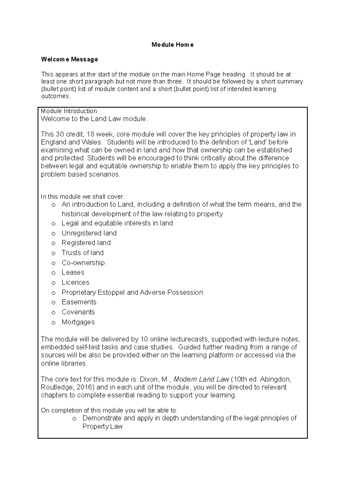 Land Law Module Development - Module Home Welcome Message This appears ...