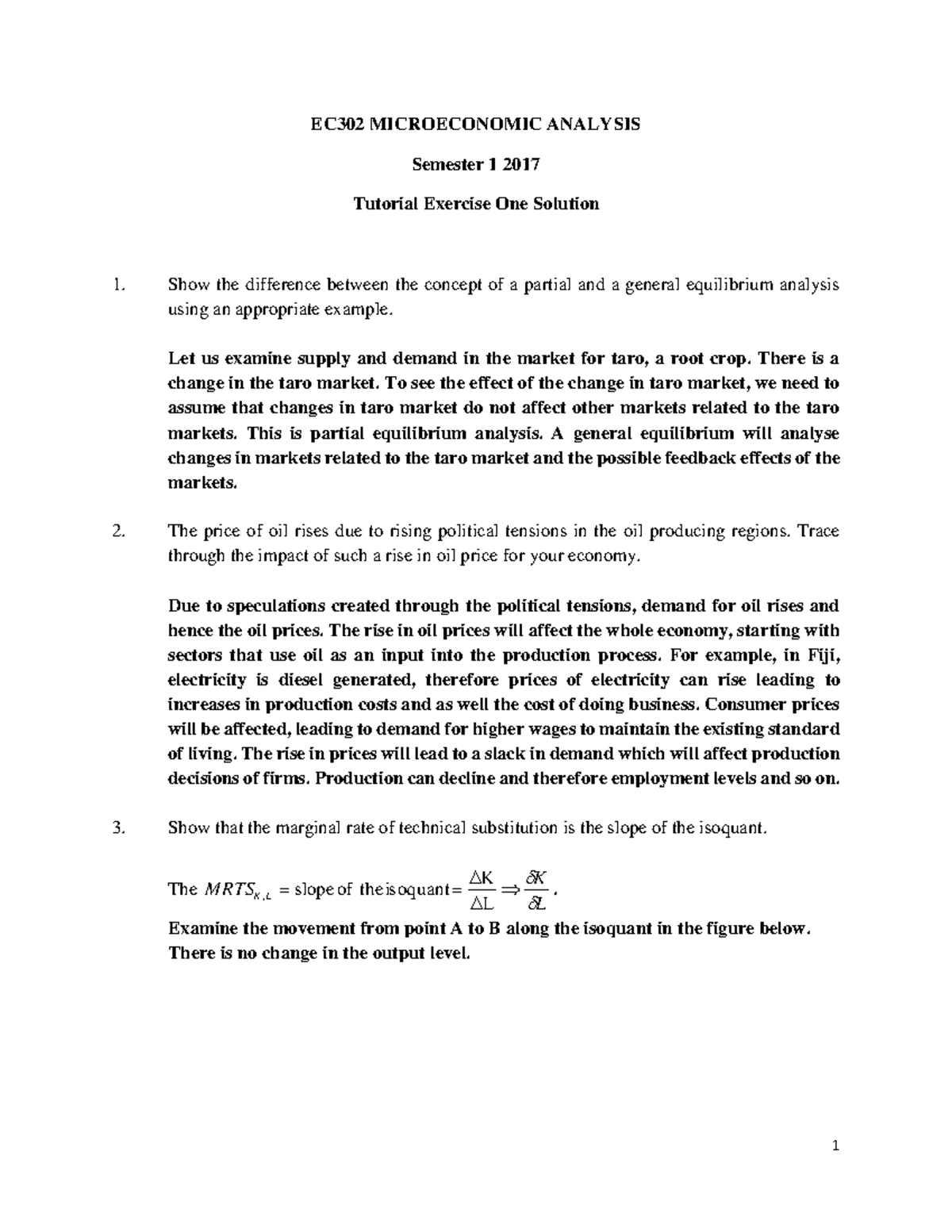 EC302 Tutorial 1 Solution S1 2017 - EC302 MICROECONOMIC ANALYSIS Semester 1 2017 Tutorial ...