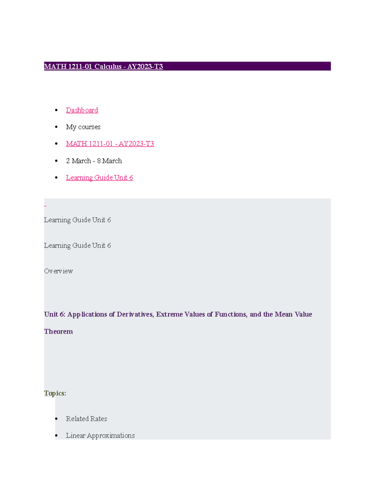 Learning Guide Unit 6 -MATH 1211 - MATH 1211-01 Calculus - AY2023-T ...