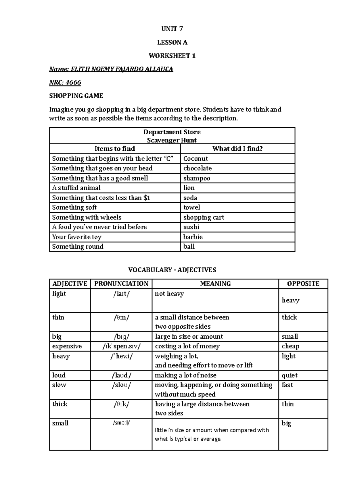 U7 Class Activiy Vocabulary - UNIT 7 LESSON A WORKSHEET 1 Name: ELITH ...