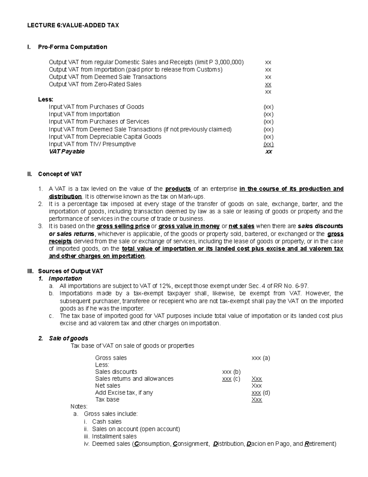 Lecture 6 - Value-Added Tax - I. Pro-Forma Computation Output VAT from ...