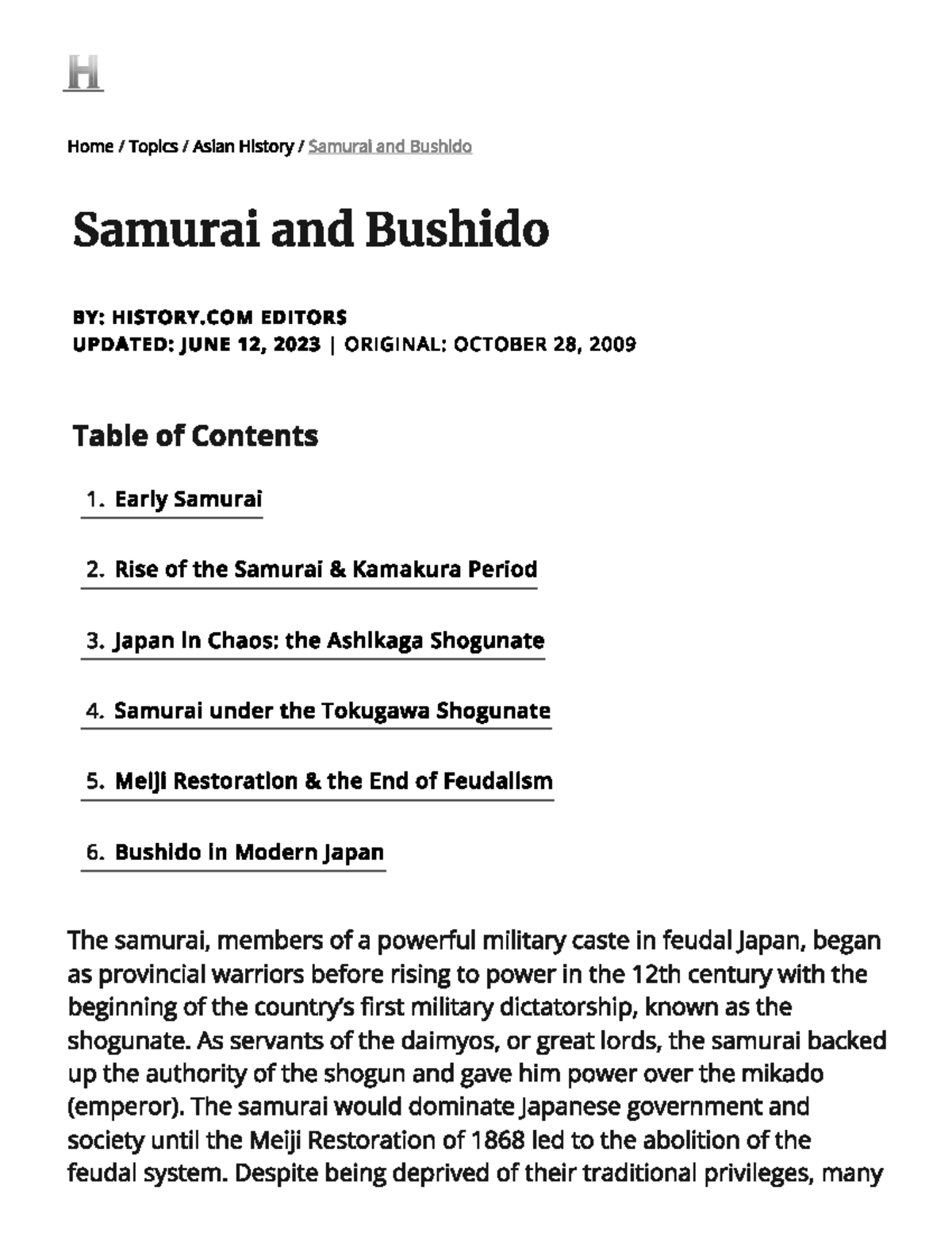 Changing Role of Samuari Article - H Home Topics Asian History Samurai ...