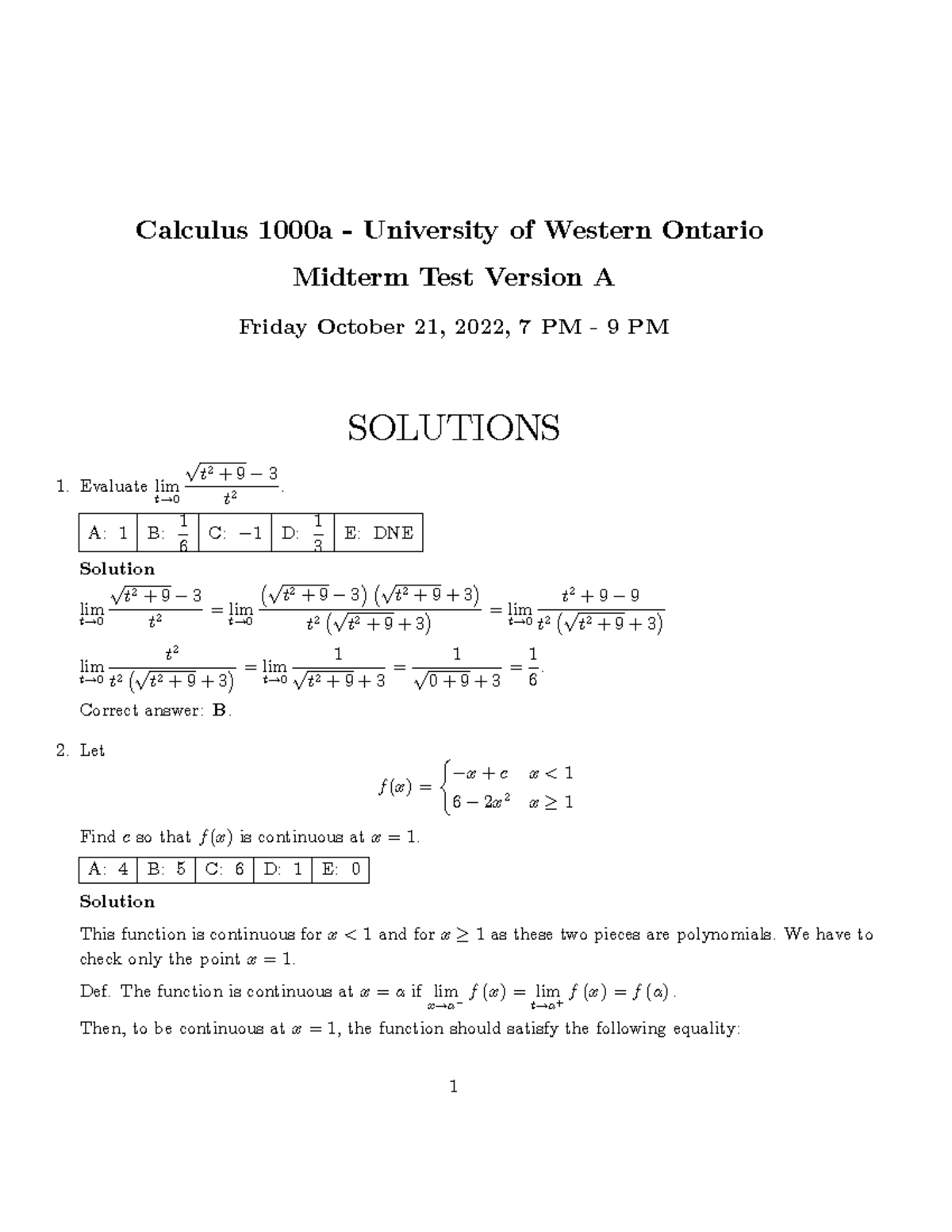 Calc1000AFW22Mid VAF-solutions - Calculus 1000a - University of Western ...