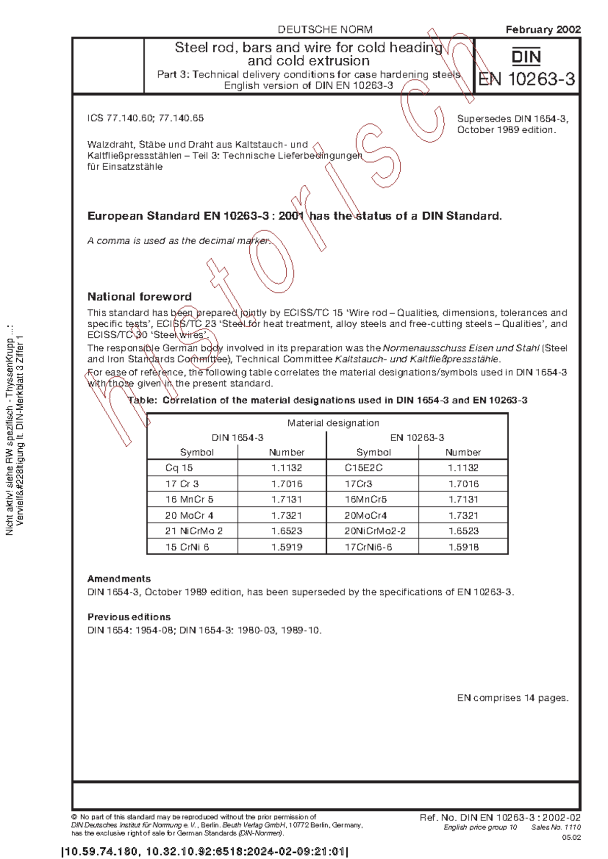EN 10263-3 Chemical deviations. Eng - ICS 77.140; 77. Walzdraht, Stäbe ...