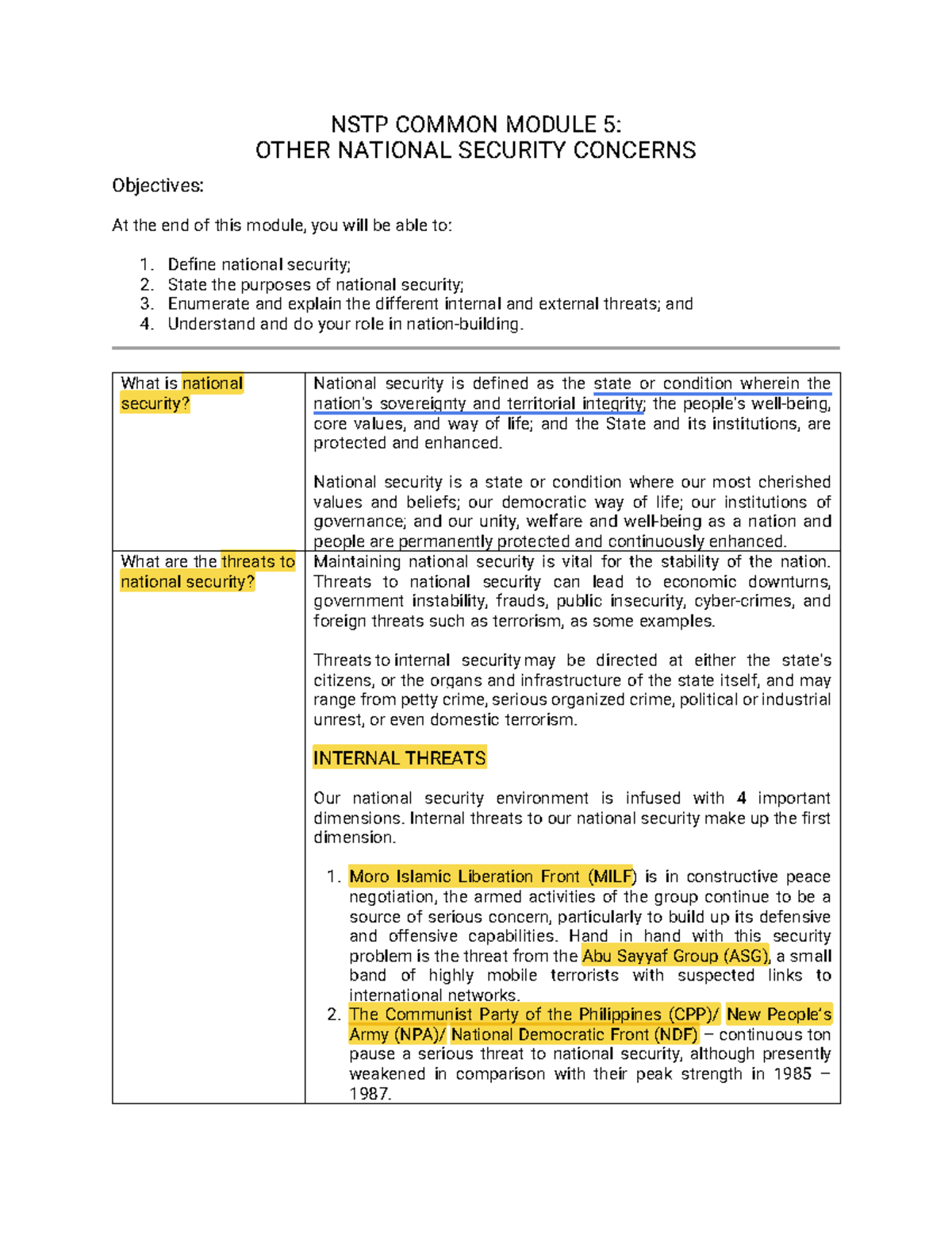 NSTP M5 - Nstp Module 5: Other National Security - NSTP COMMON MODULE 5 ...