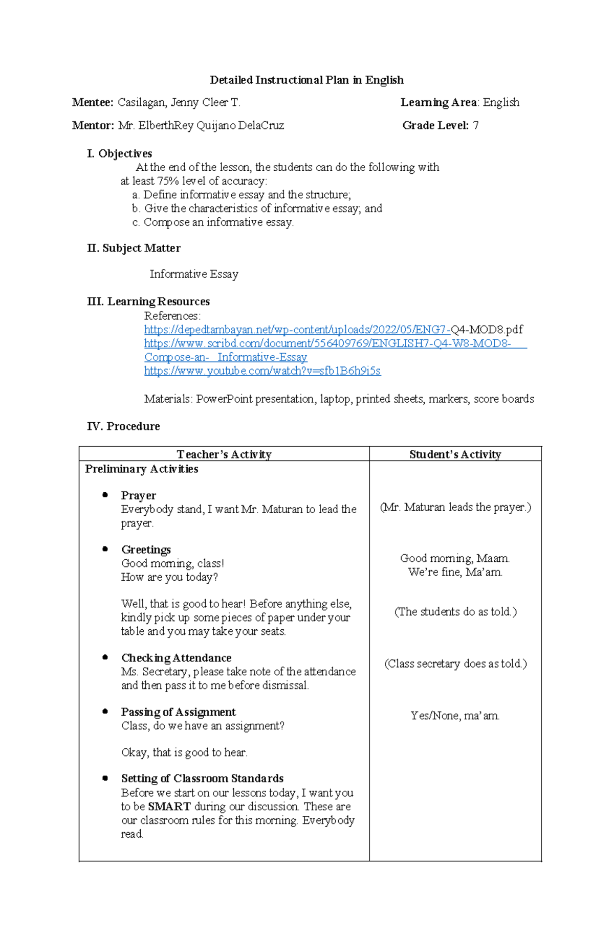 Detailed Instructional Plan in English - Learning Area: English Mentor ...