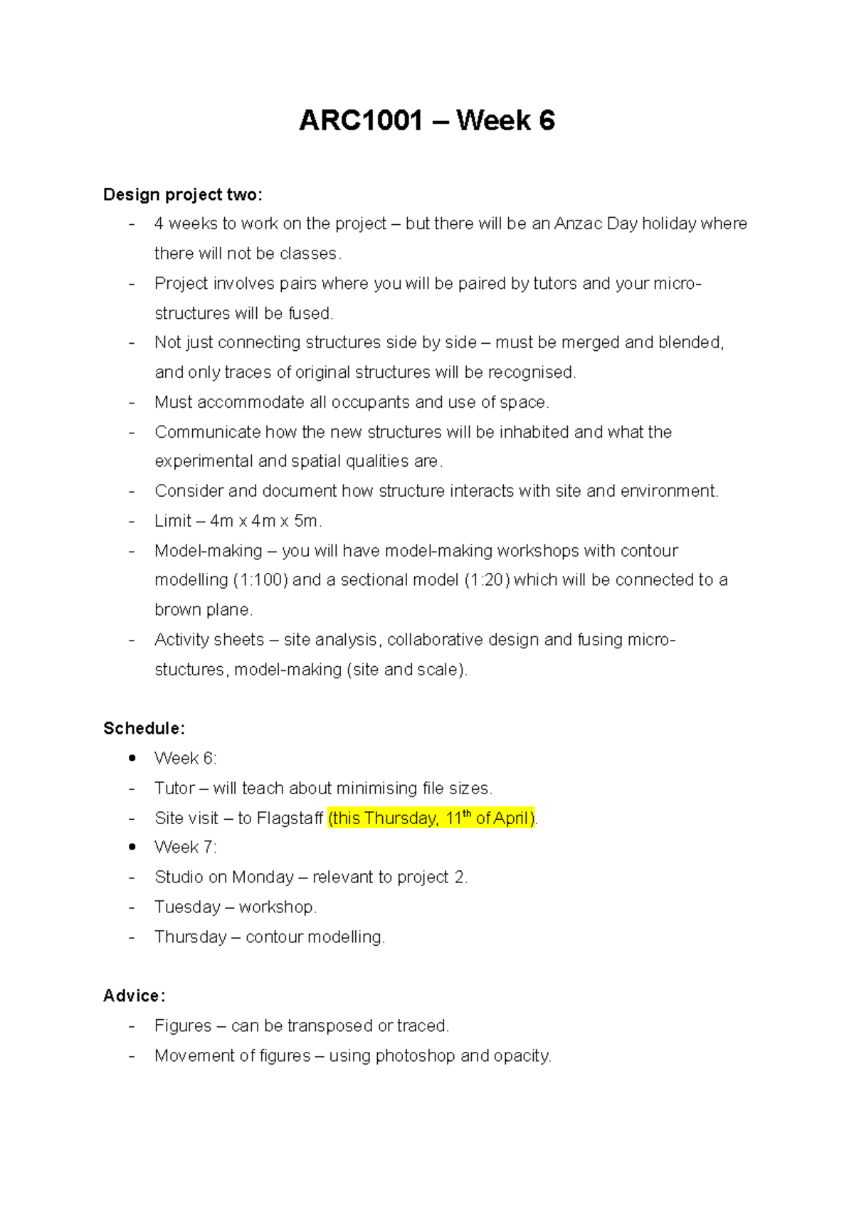 WEEK 6 NOTES - ARC1001 - ARC1001 – Week 6 Design project two: - 4 weeks ...