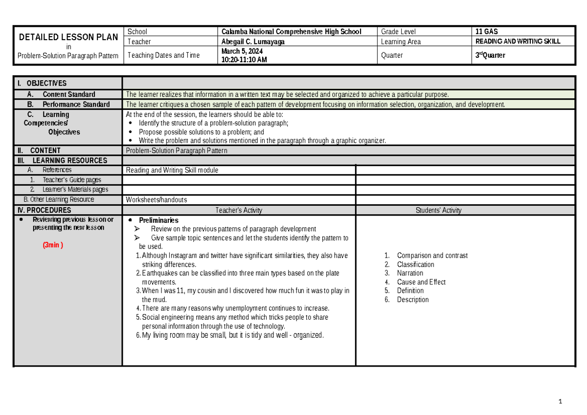 DLP CO Prob Sol 23-24 - Lesson Plan - DETAILED LESSON PLAN in Problem-Solution Paragraph Pattern ...