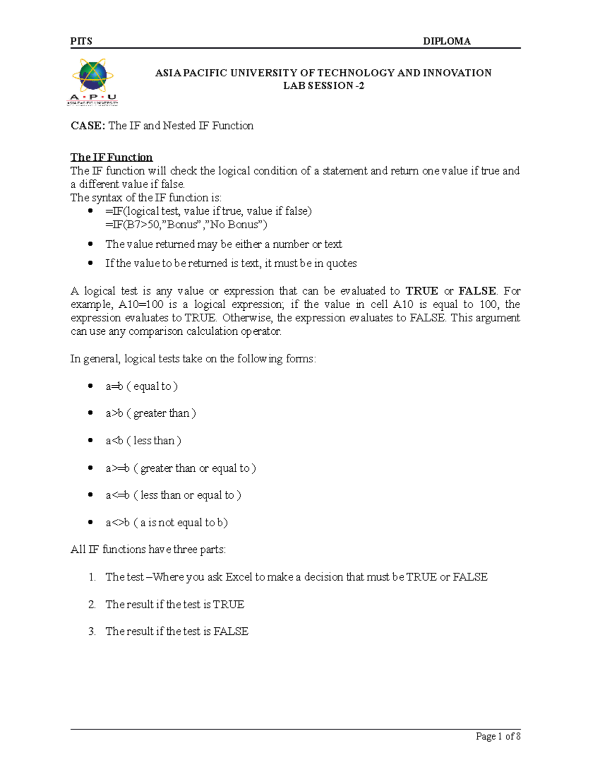 Week 3 Lab 02-Excel Part 2 - ASIA PACIFIC UNIVERSITY OF TECHNOLOGY AND INNOVATION LAB SESSION ...