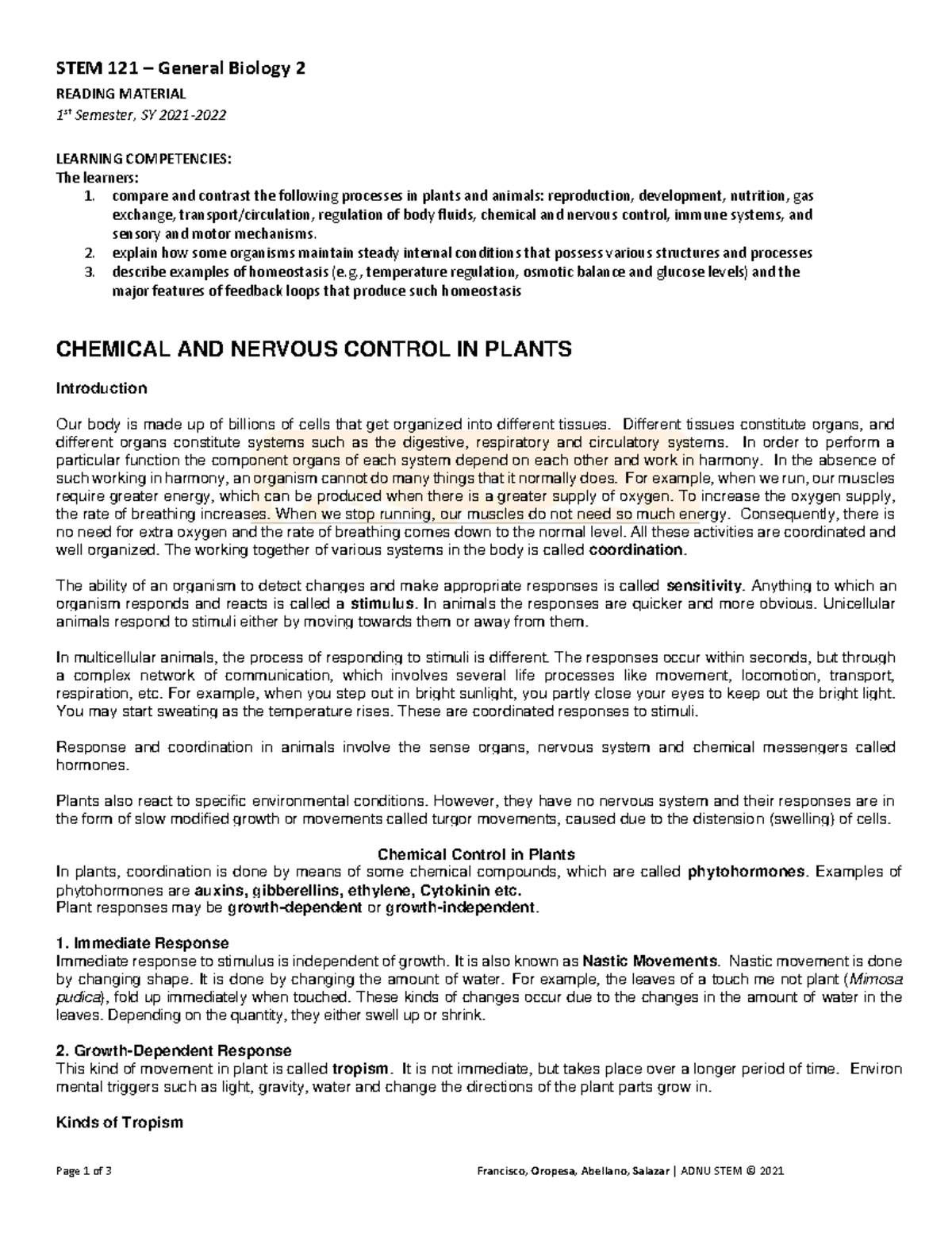 14-Reading Material Chemical AND Nervous Control IN Plants - STEM 121 ...