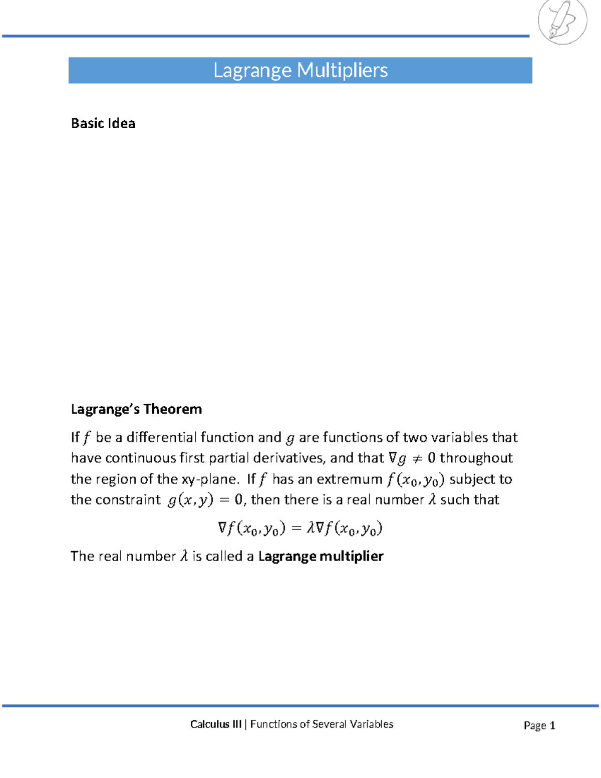 15.8-Lagrange Multipliers - Calculus III | Functions of Several Variables Lagrange Multipliers ...