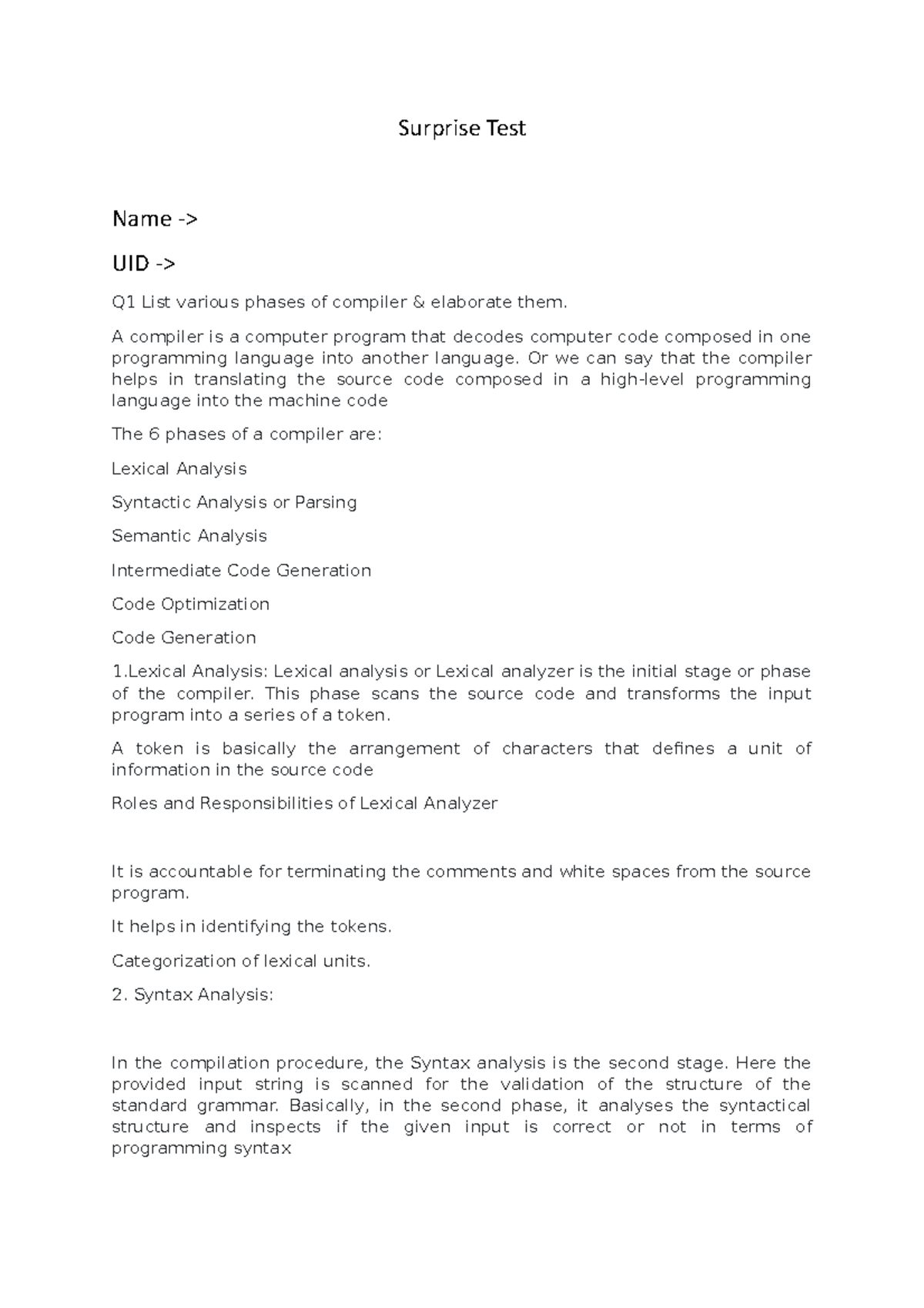 Surprise test - Suprise test - Surprise Test Name -> UID -> Q1 List ...