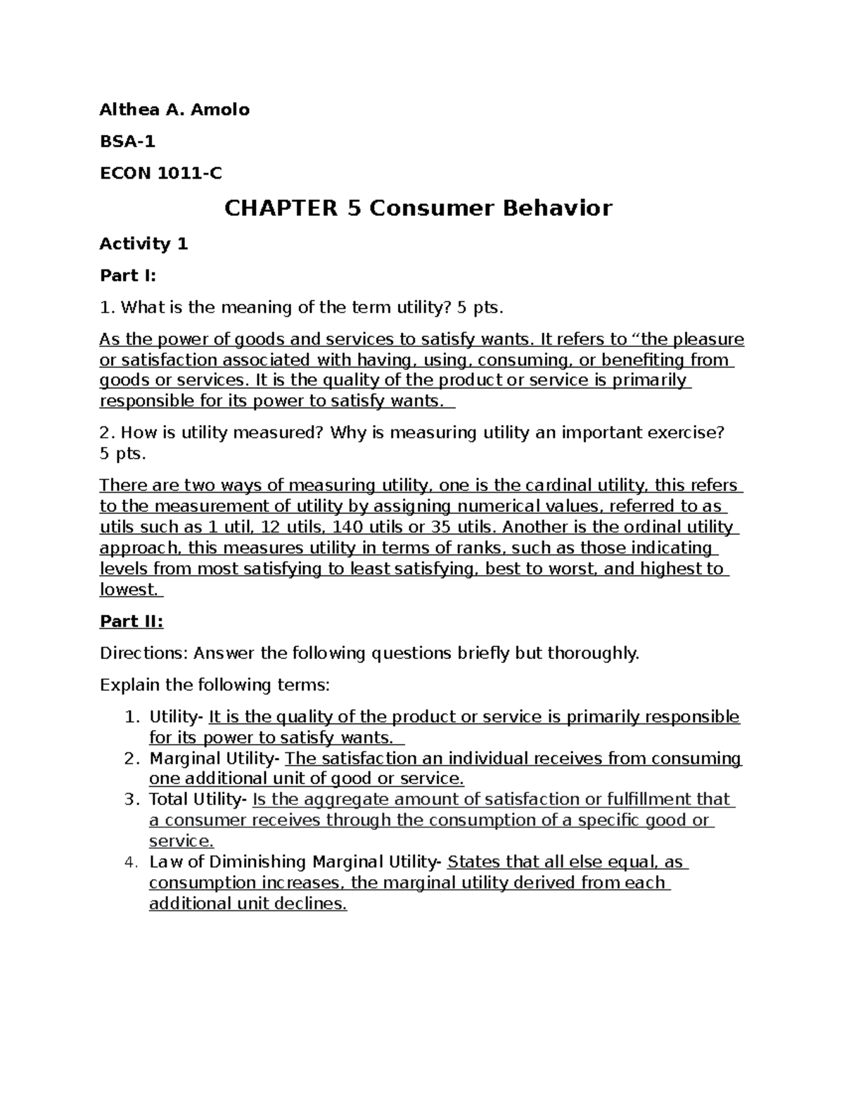 Chapter 5 Consumer Behavior - Althea A. Amolo BSA- ECON 1011-C CHAPTER ...