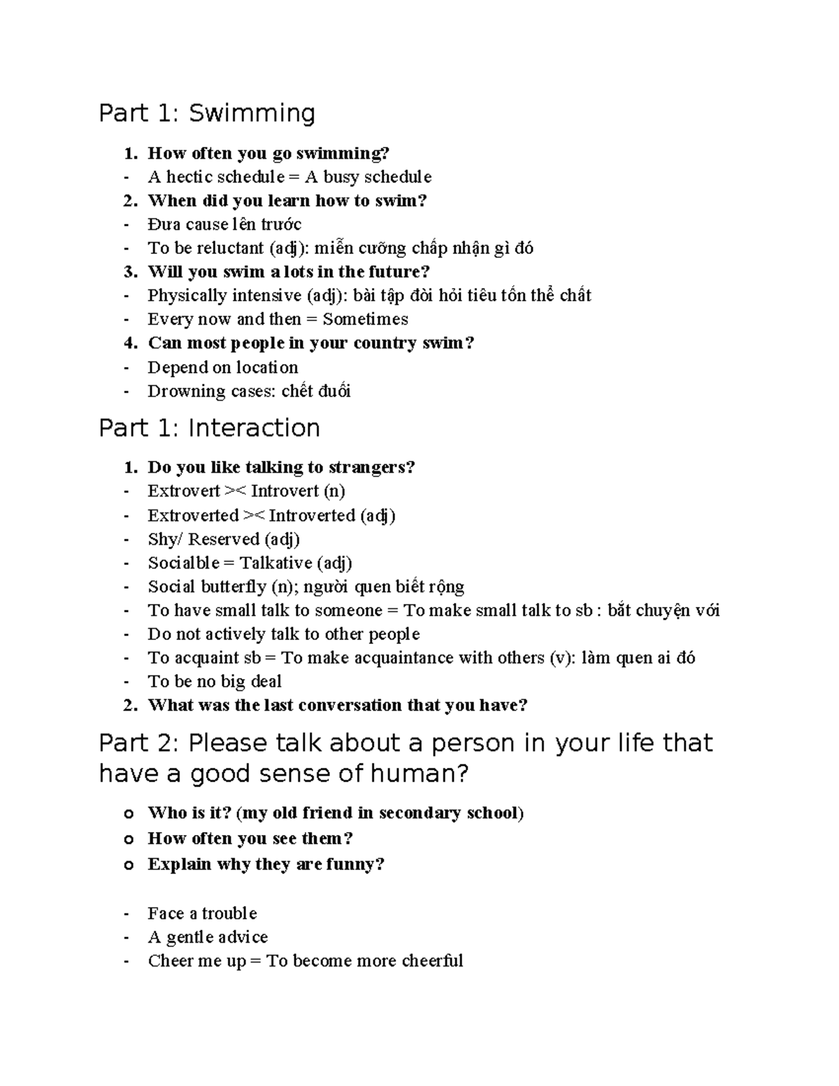 Part 1 - DQ U - Part 1: Swimming 1. How often you go swimming? - A ...