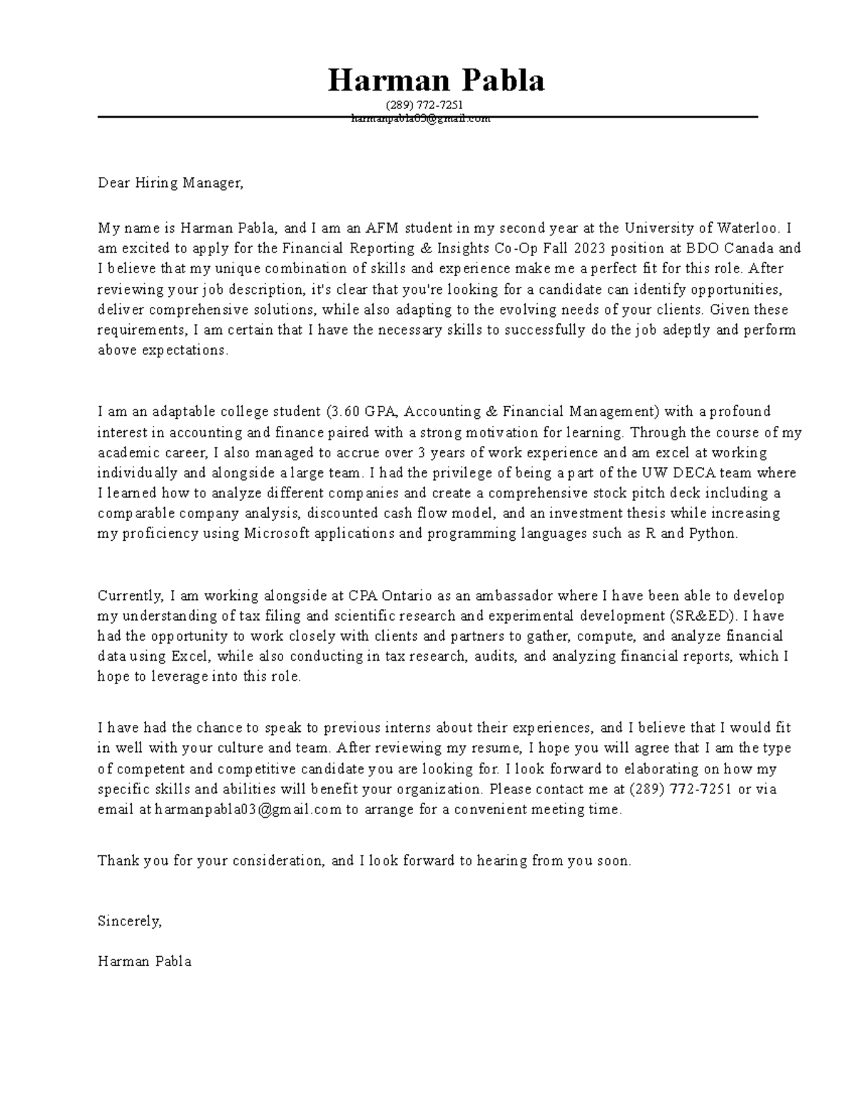 Harman Pabla Letter Cover - AFM 274 - UWaterloo - Studocu