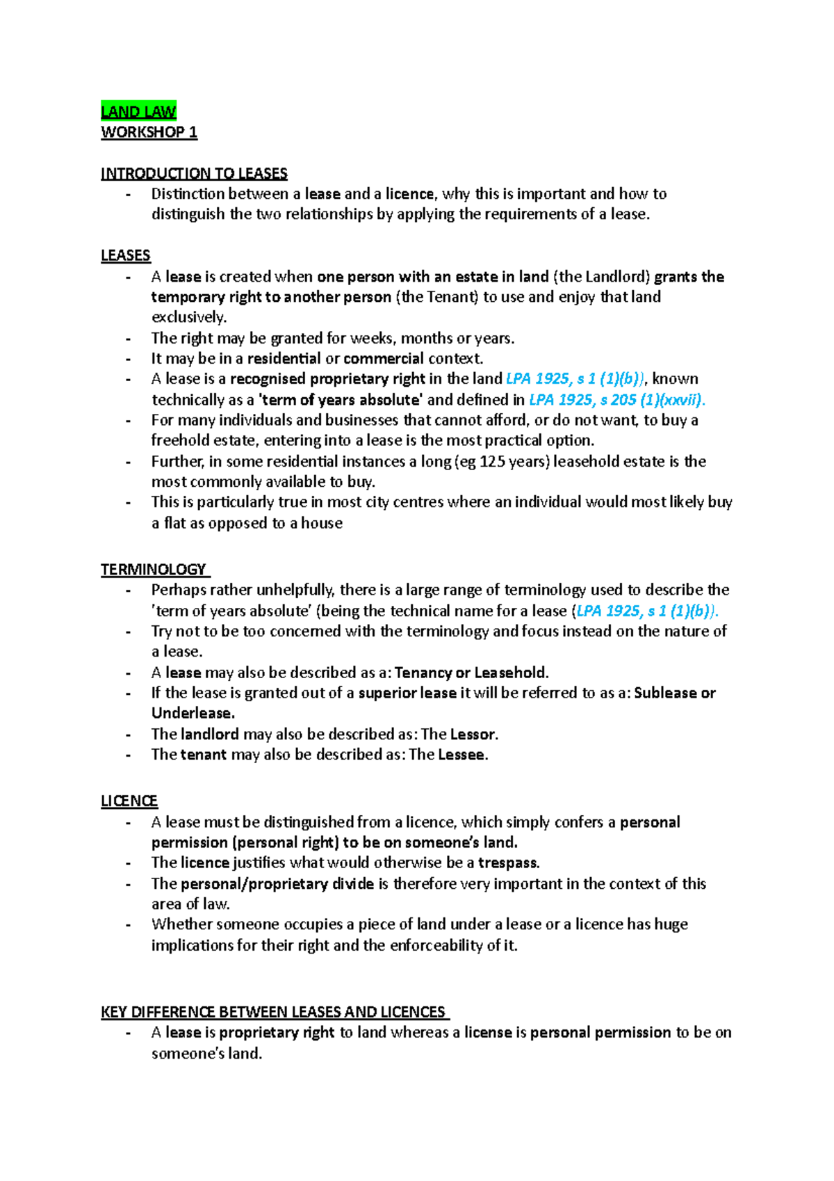 Introduction TO Leases - LAND LAW WORKSHOP 1 INTRODUCTION TO LEASES ...