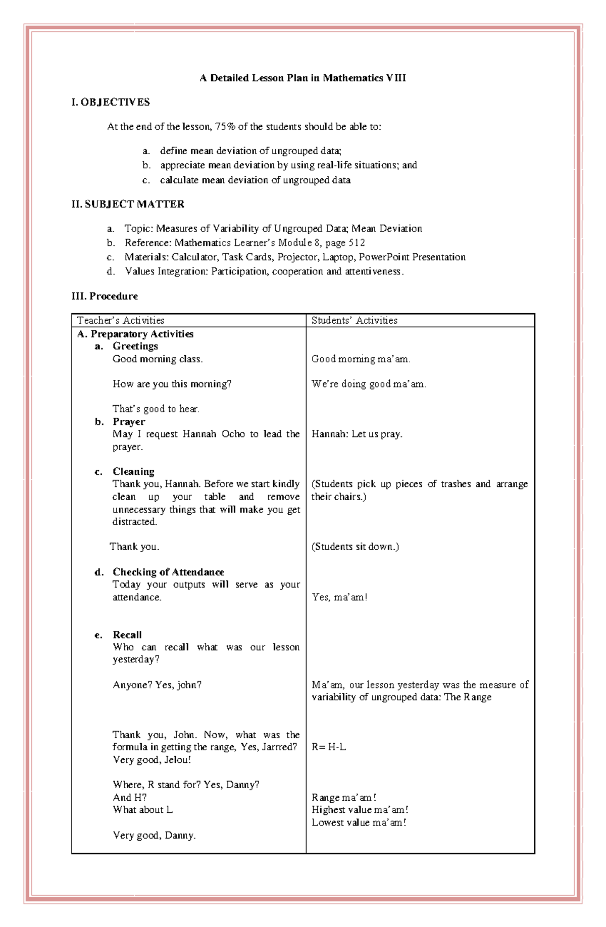 Detailed Lesson PLAN- MEAN Deviation - A Detailed Lesson Plan in ...