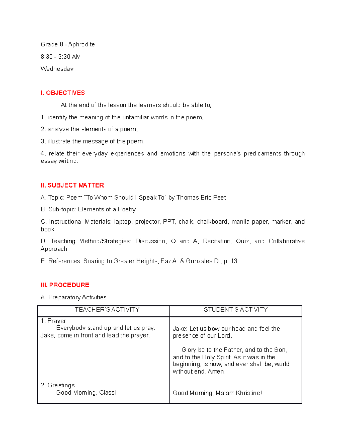 Grade 8 - Lesson Plan - Grade 8 - Aphrodite 8:30 - 9:30 AM Wednesday I ...