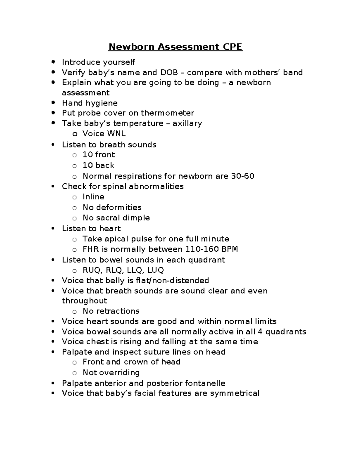 Newborn Assessment CPE - Studocu