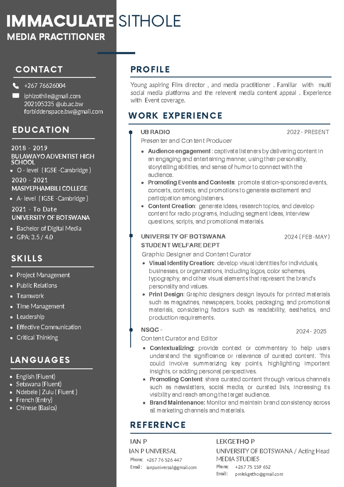Blue Simple Professional CV Resume-2 - E D U C A T I O N IMMACULATE ...