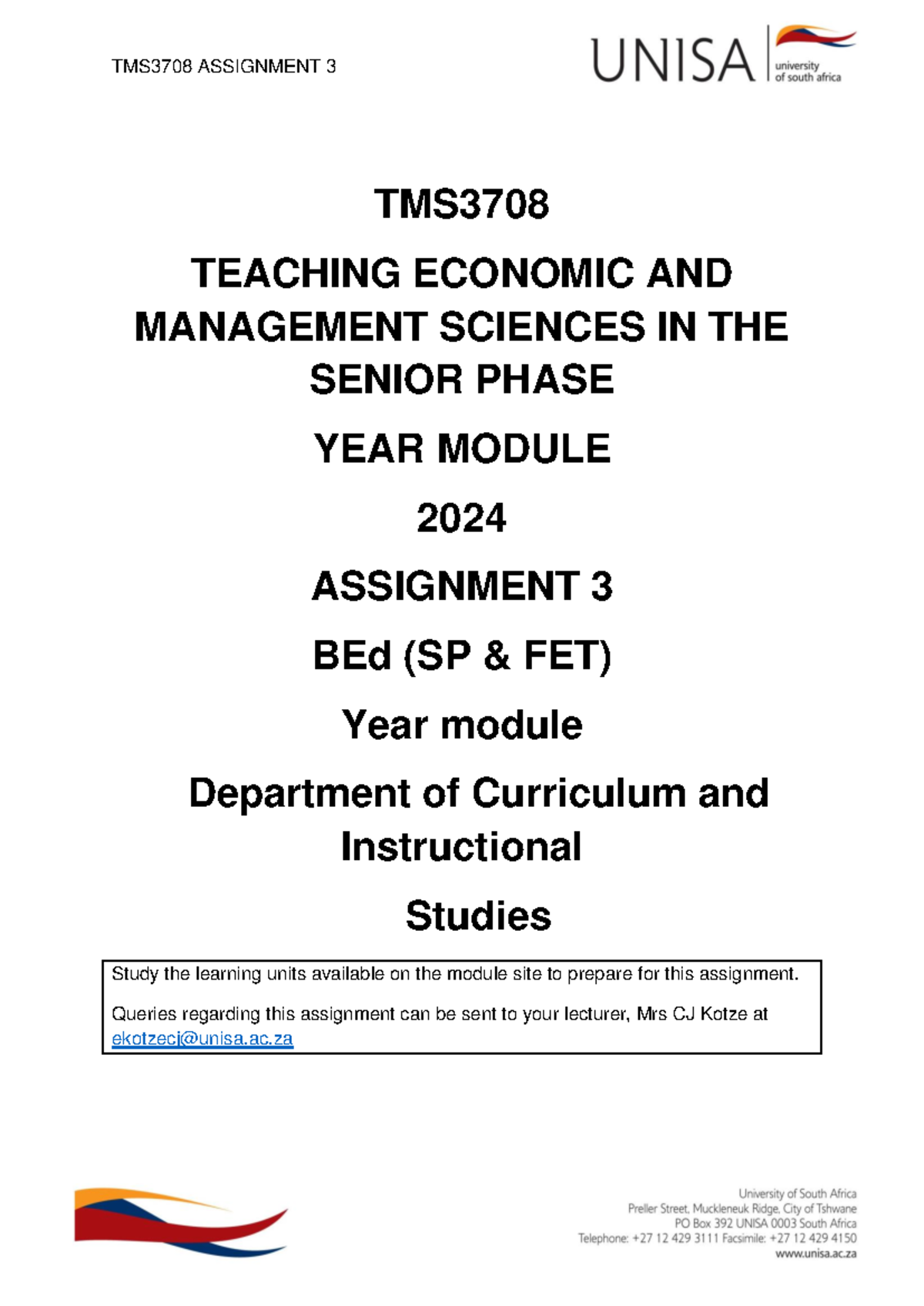Assignment 3 TMS3708 2024 - TMS TEACHING ECONOMIC AND MANAGEMENT ...
