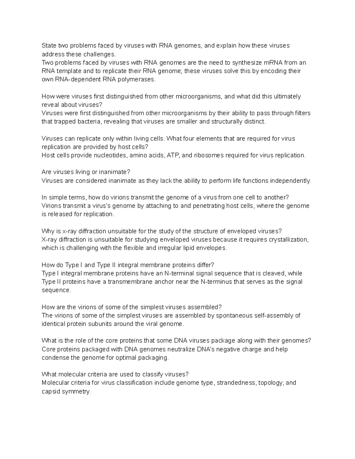 BIOC20 Midterm Textbook Questions - State two problems faced by viruses ...