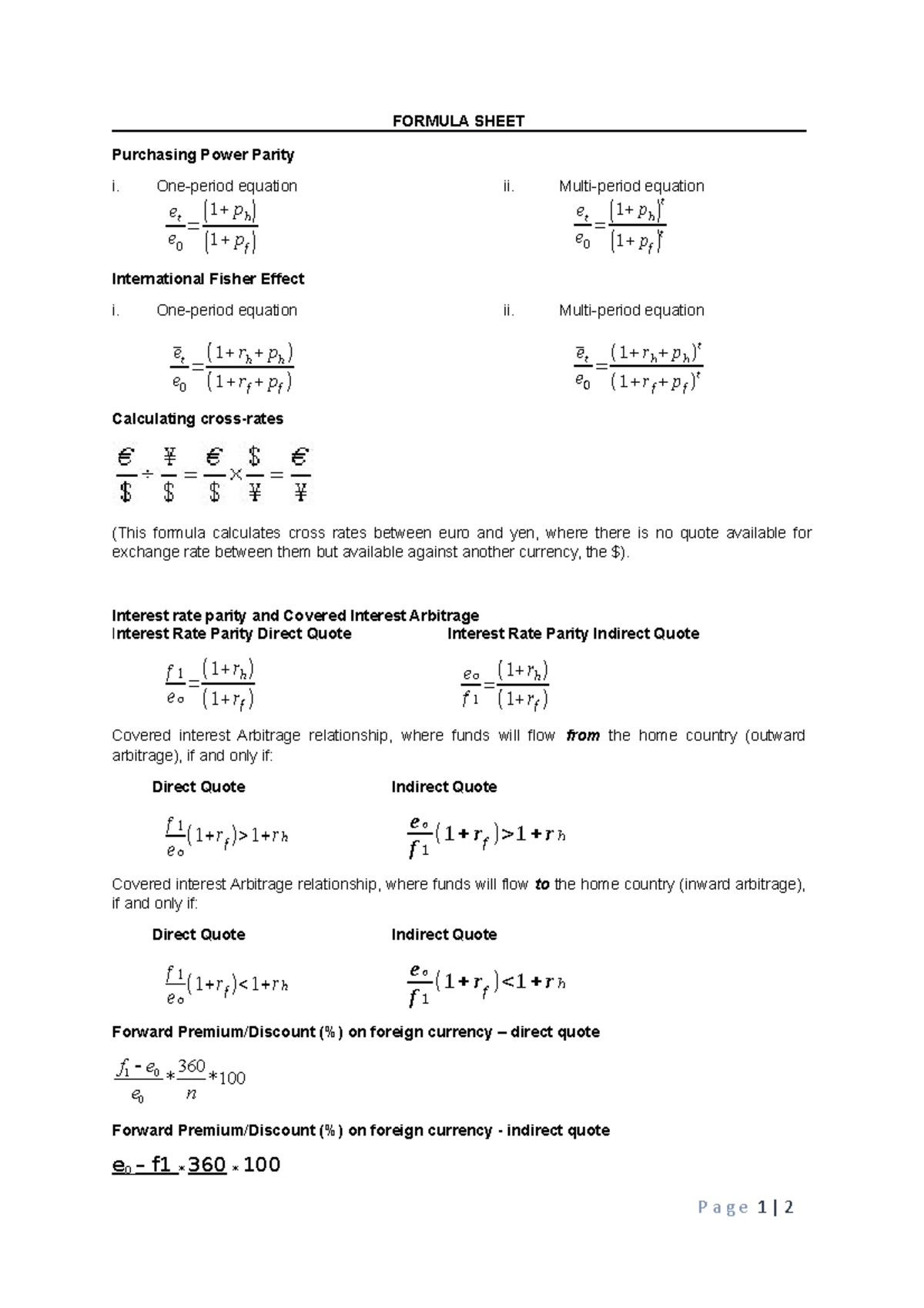 Formula Sheet - FORMULA SHEET Purchasing Power Parity i. One-period ...