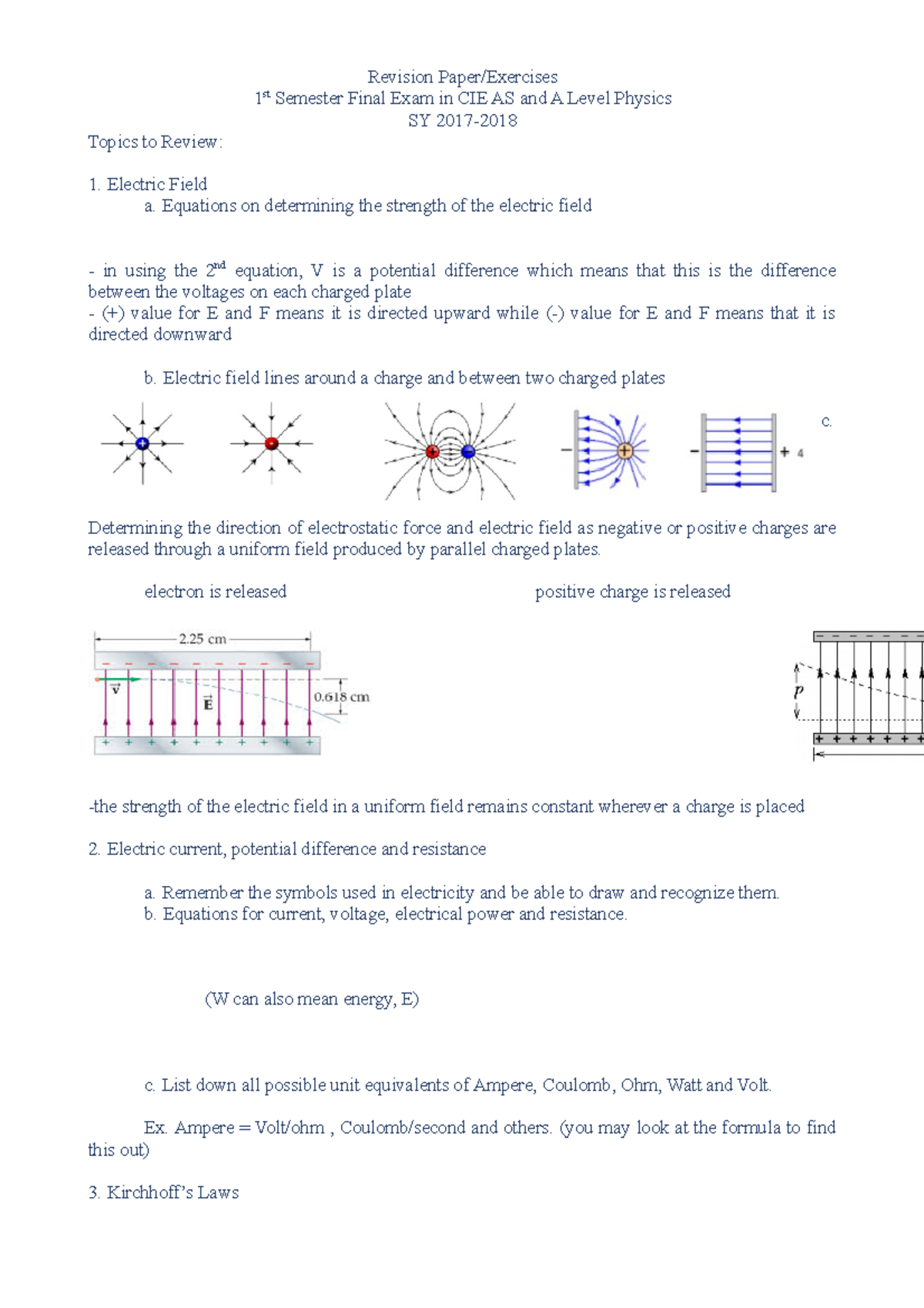 1st sem final exam Revision - Physics - Revision Paper/Exercises 1 st ...