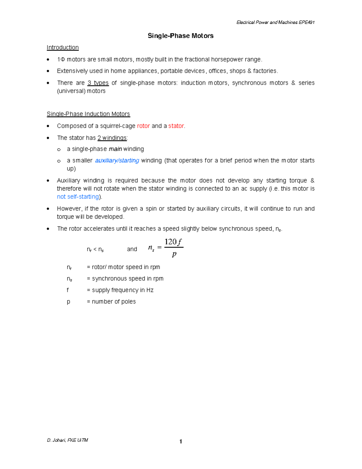 Topic 10 Single Phase Motor - Single-Phase Motors Introduction 1Φ ...